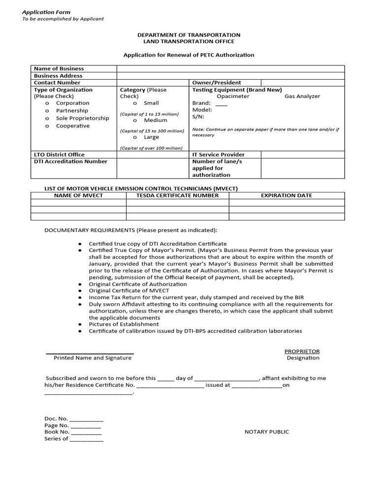 Application Form - Renewal of PETC | PDF