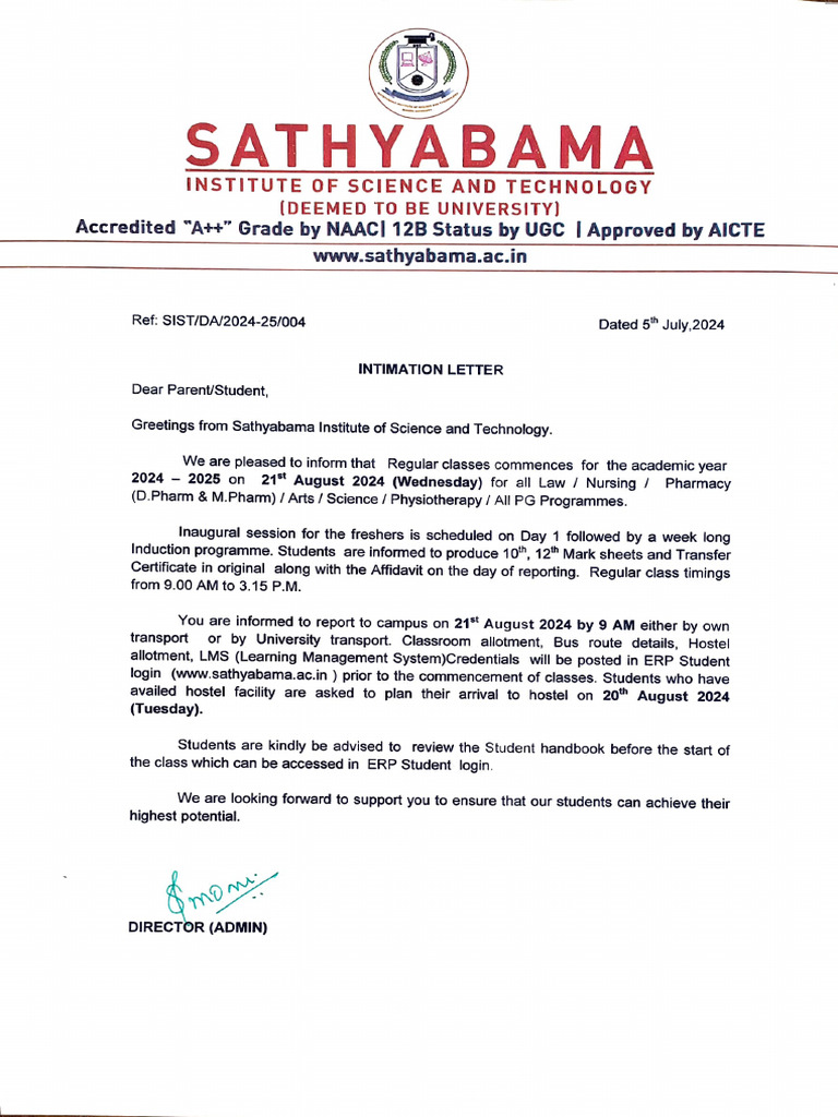 Intimation Letter For Law, Nursing, Arts and PG | PDF