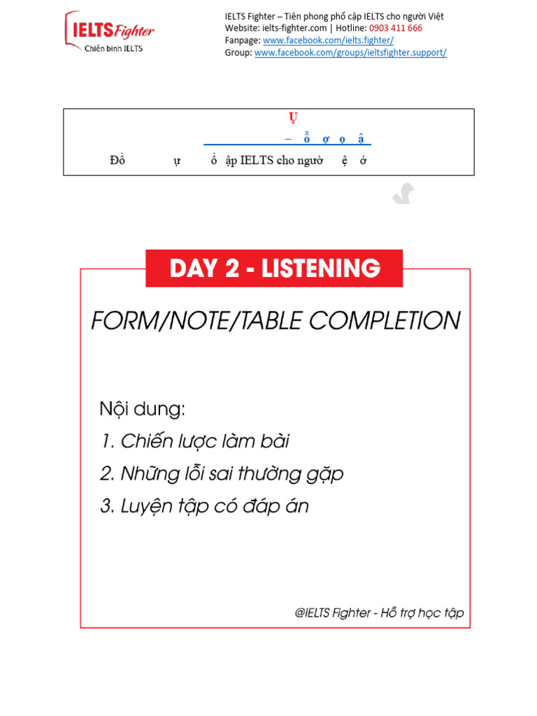 Day 2 - Listening - Form - Note -Table Completion - Dự Án 30 Ngày Chinh Phục 6.5 IELTS - IELTS ...