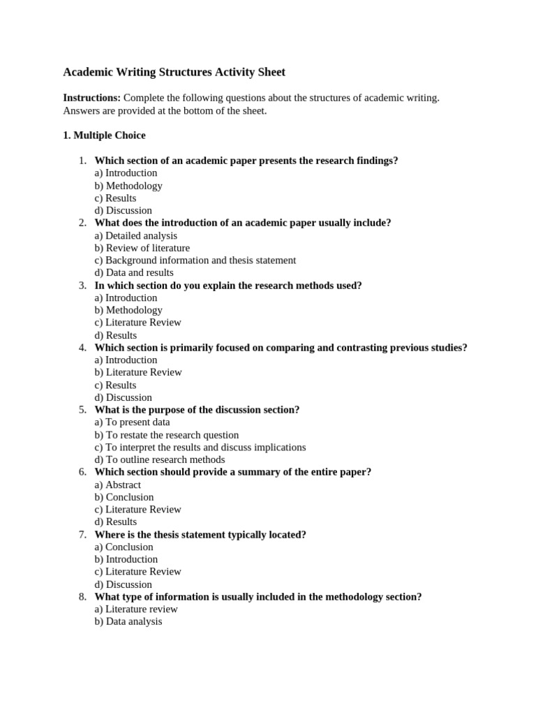 Academic Writing Structures Activity Sheet | PDF