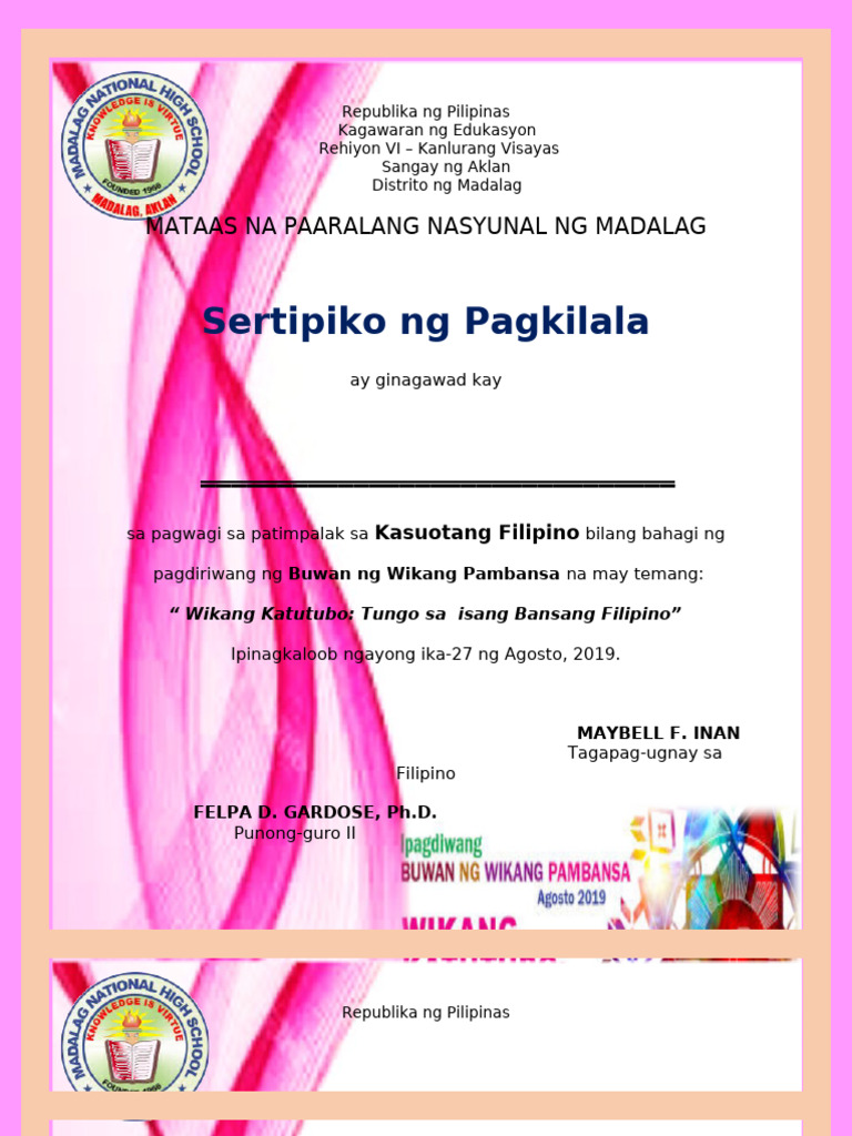 Sertipiko Ng Pagkilala Buwan Ng Wika 2024 Deped Budget Of Work