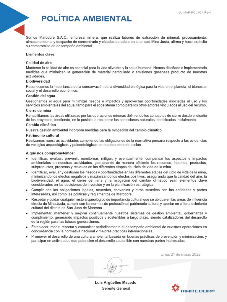JU-MAP-POL-001 Política Ambiental Marcobre V1 | PDF