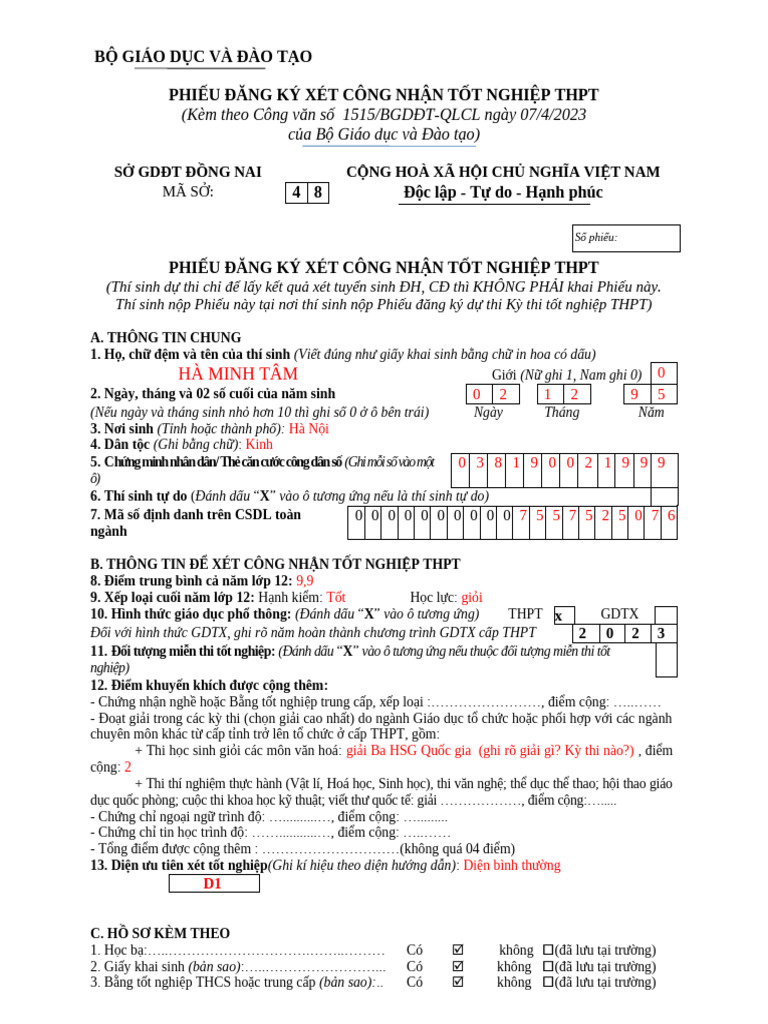Phieu ĐK Xet Cong Nhan Tot Nghiep 2023 | PDF