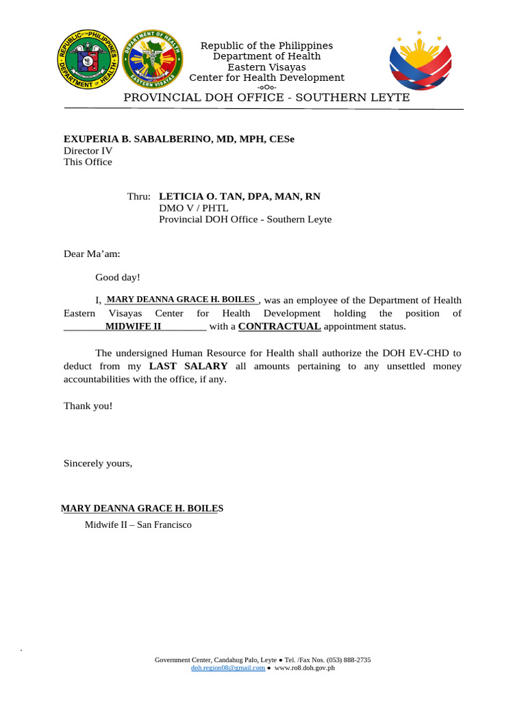 LETTER OF AUTHORITY TO DEDUCT ACCOUNTABILITIES For LAST SALARY | PDF