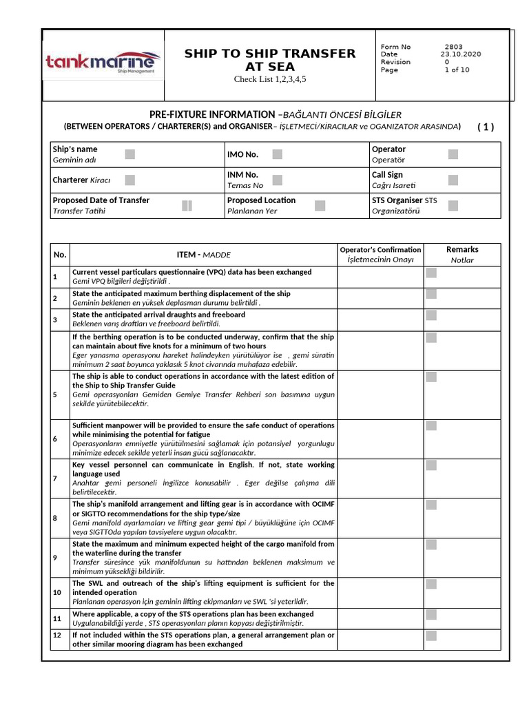 Appendix B.4 - 2803 Ship To Ship Transfer at Sea Check List 1,2,3,4,5 | PDF