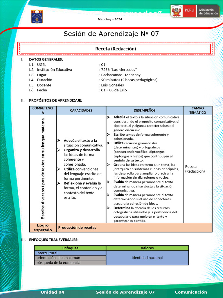 Sesión de Aprendizaje #07 - Unidad 04 - Primero | PDF
