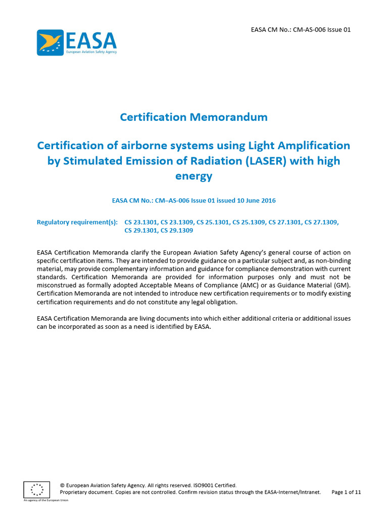EASA CM-AS-006 Issue 01 - Certification of Airborne Systems Using LASER ...