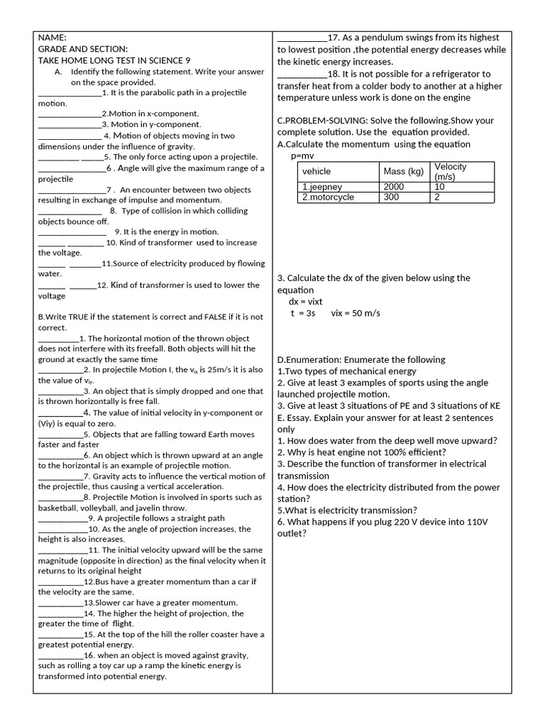 4th Grading Takehome Long Test | PDF