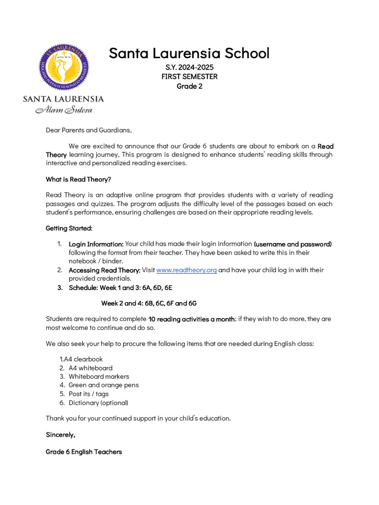 Grade 6 - Letter To Parents - Read Theory | PDF