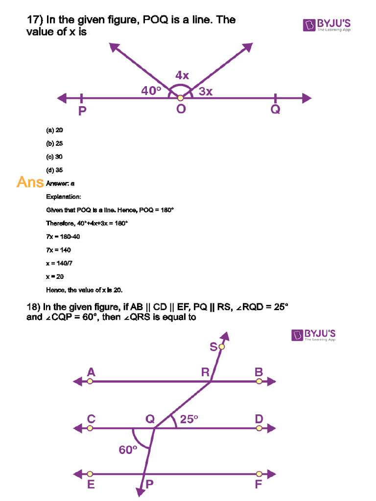 BYJU'S MCQ's - Lines and Angles PDF | PDF