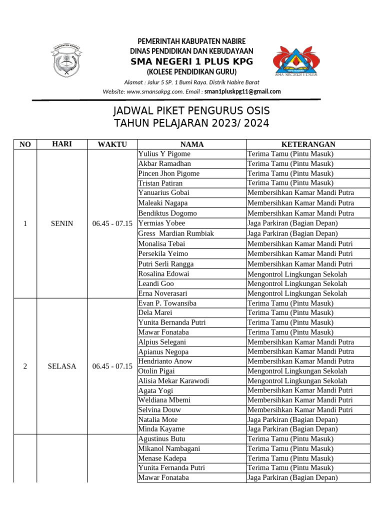 Jadwal Piket Osis 2024 | PDF