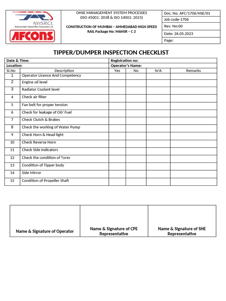 Tipper Inspection Checklist | PDF