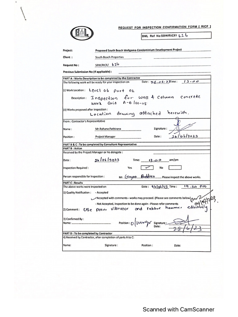 SBW-RICF-626 Inspection For Wall & Column Concrete Work Grid - A-B-01 ...