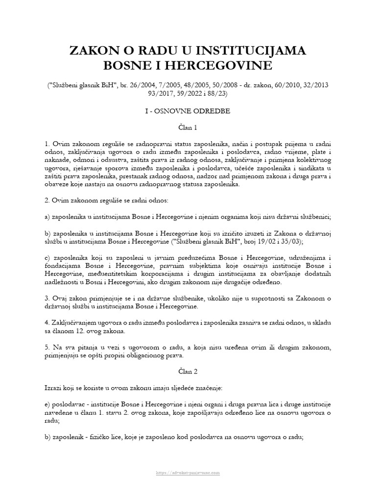 Zakon o Radu U Institucijama BiH | PDF