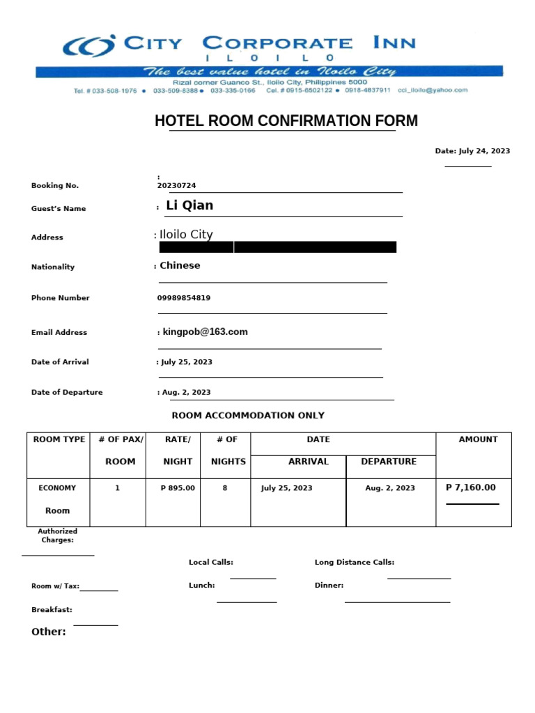 Hotel Room Confirmation I Qian | PDF