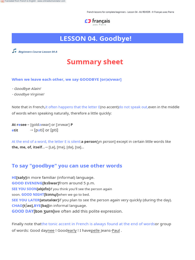 Summary Sheet: LESSON 04. Goodbye! | PDF