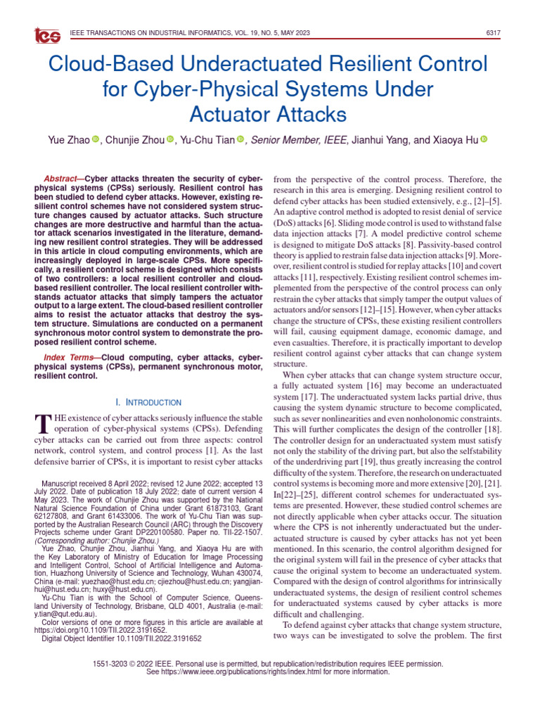 Cloud-Based Underactuated Resilient Control For Cyber-Physical Systems Under Actuator Attacks | PDF