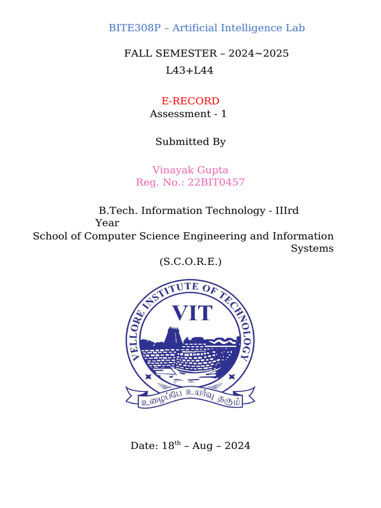FALL SEMESTER - 2024 2025 L43+L44: BITE308P - Artificial Intelligence ...