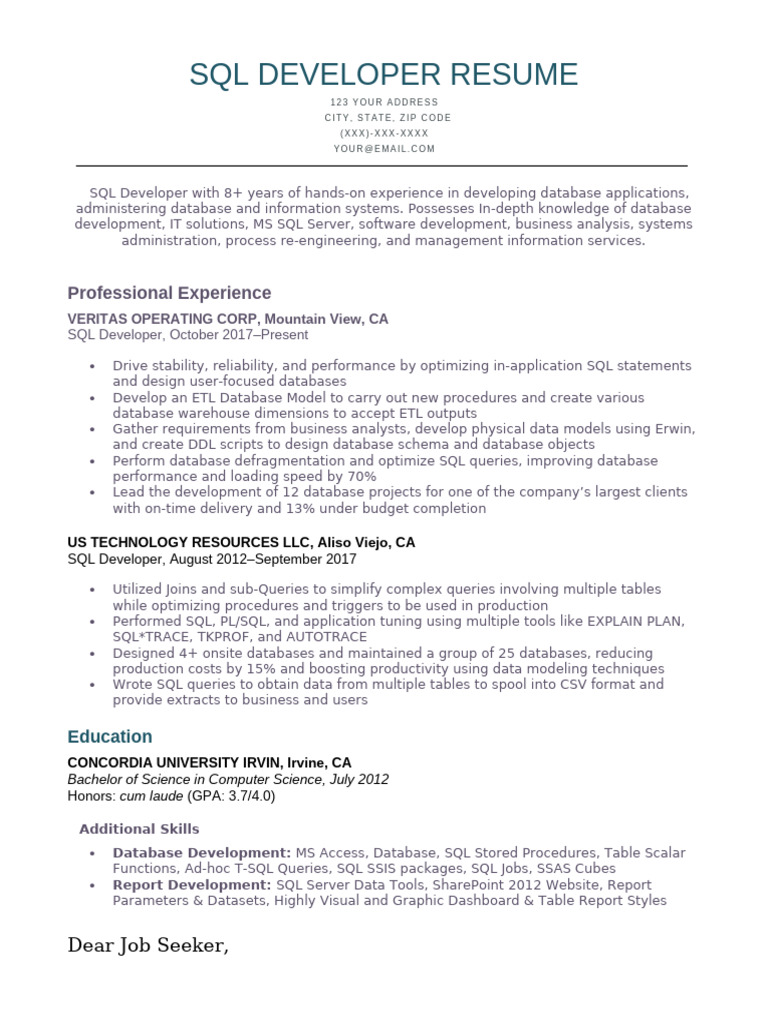 SQL Developer Resume Sample Park Ocean Blue | PDF