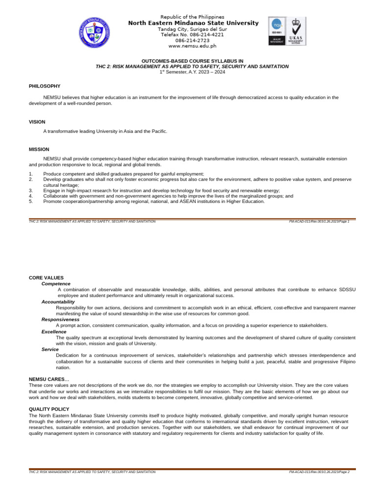 THC 2 Risk Management As Applied To Safety Security and Sanitation ...