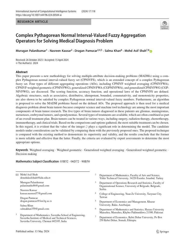 Complex Pythagorean Normal Interval-Valued Fuzzy Aggregation Operators For Solving Medical ...