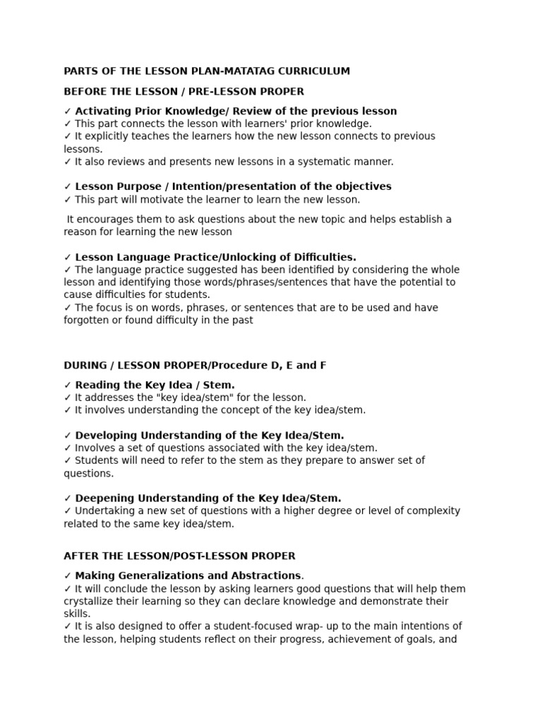 Matatag Parts of The Lesson Plan | PDF