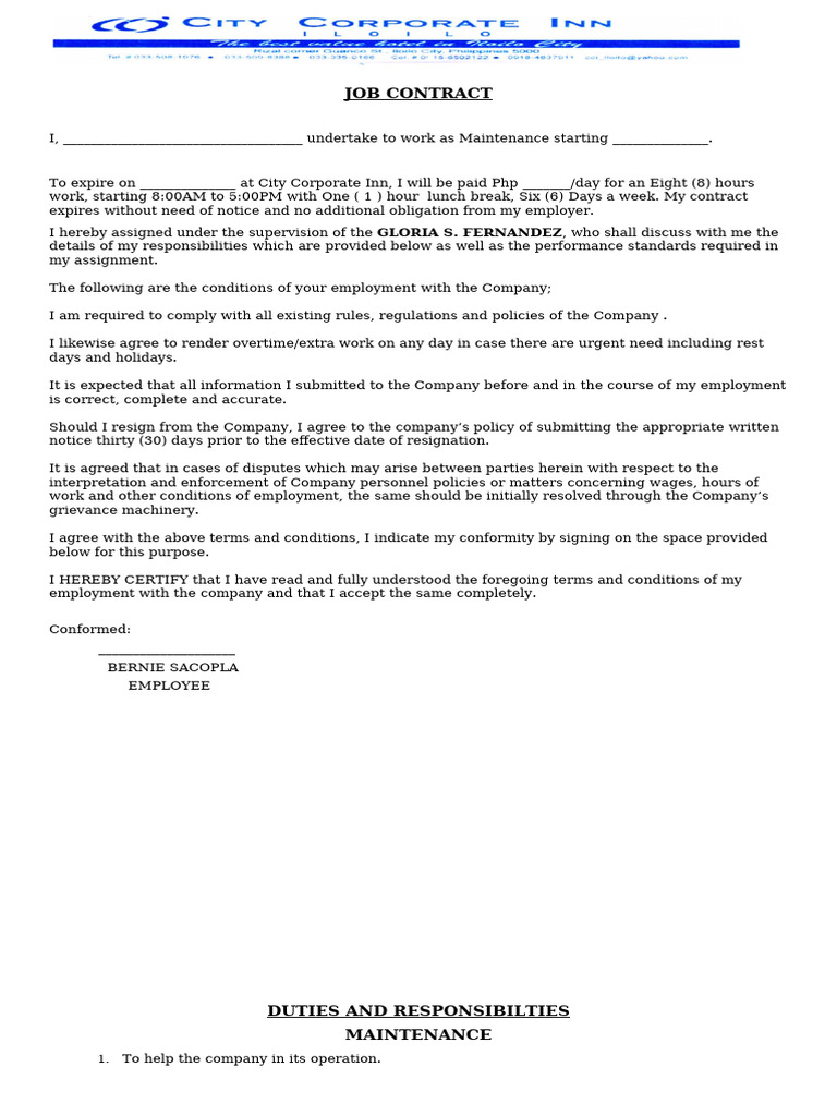 Job Contract and Duties and Responsibilities | PDF