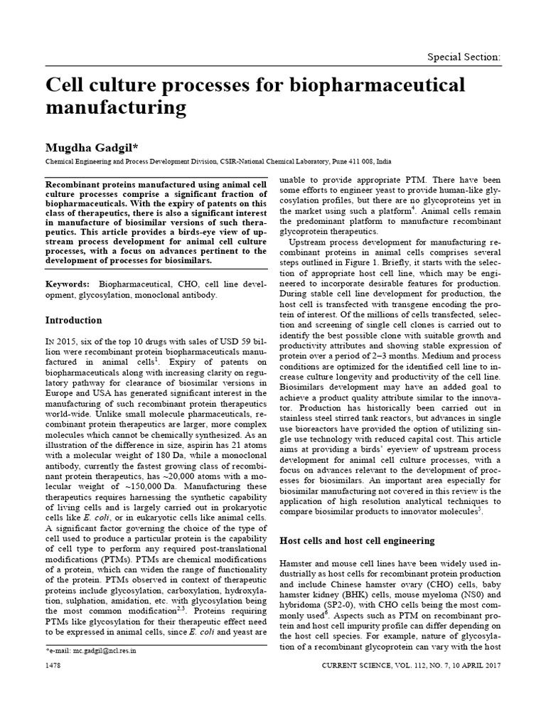 Cell Culture Processes For Biopharmaceutical Manufacturing: Mugdha ...