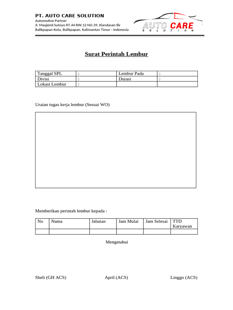 Form Lembur ACS | PDF