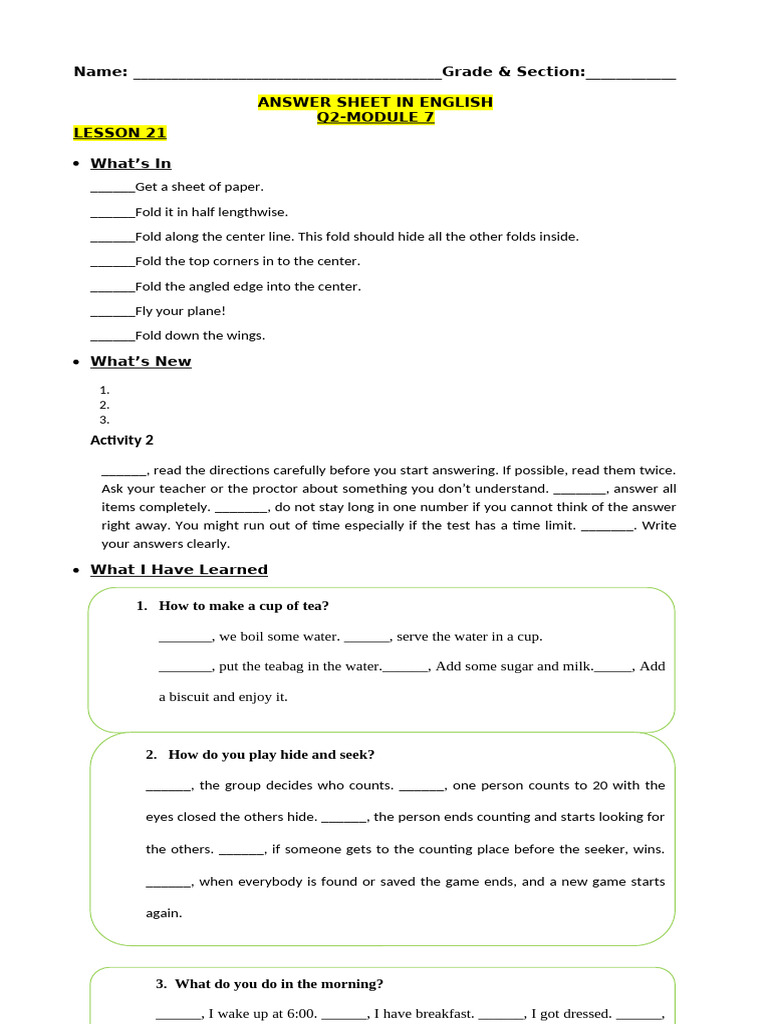 Module 7-Quarter 2 Answer Sheet | PDF