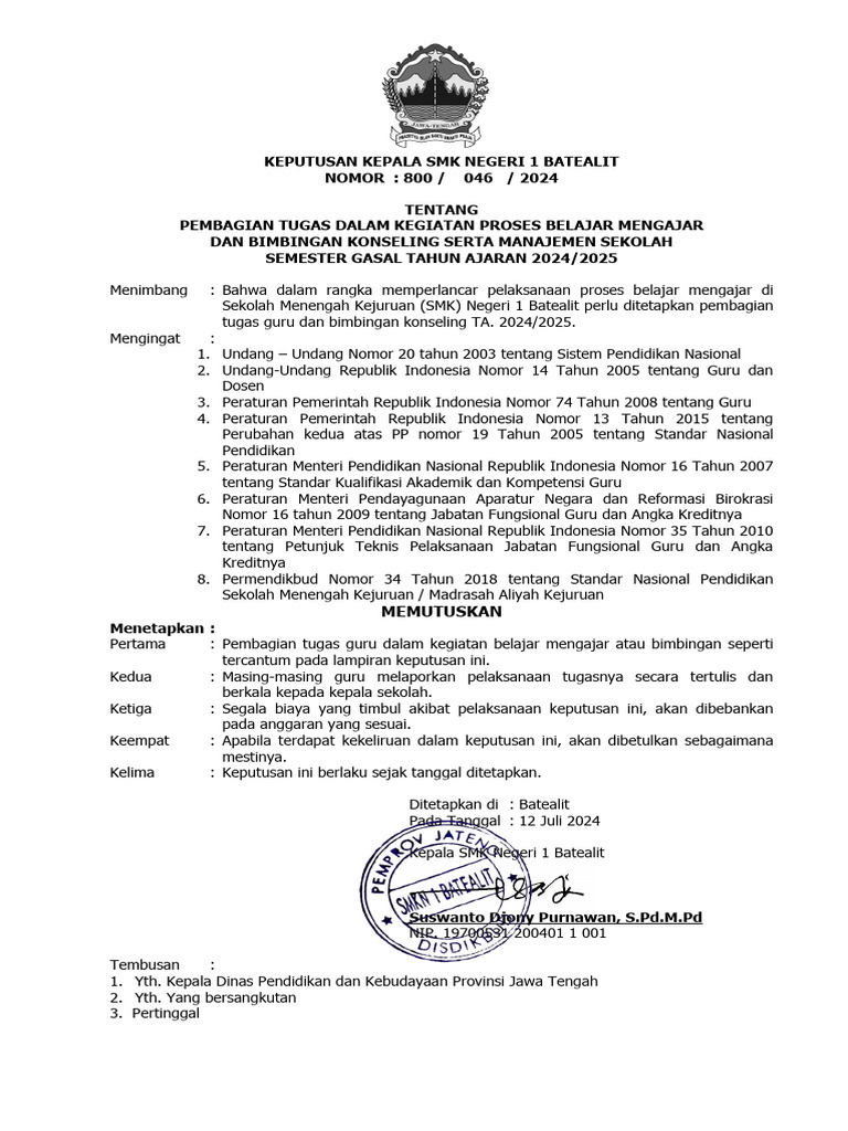 2024-2025 - Gasal - SK Pembagian Tugas | PDF