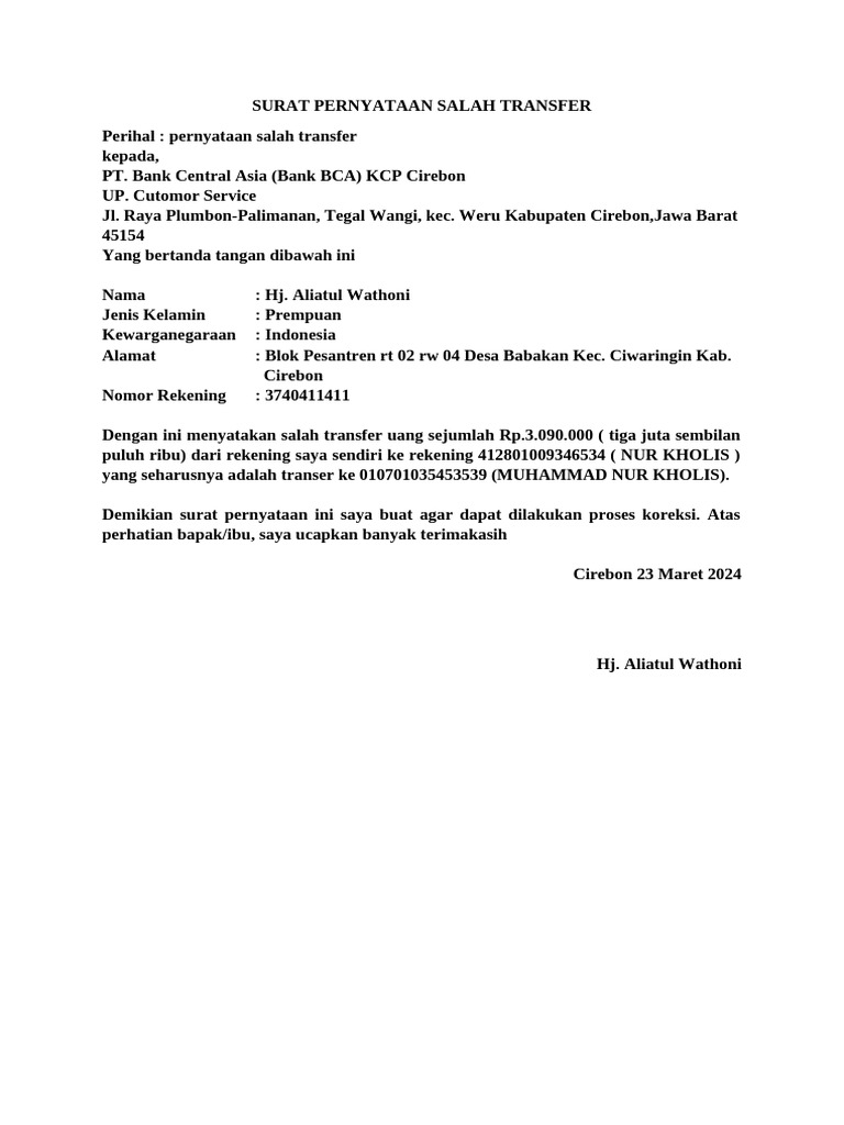 Surat Pernyataan Salah Transfer | PDF