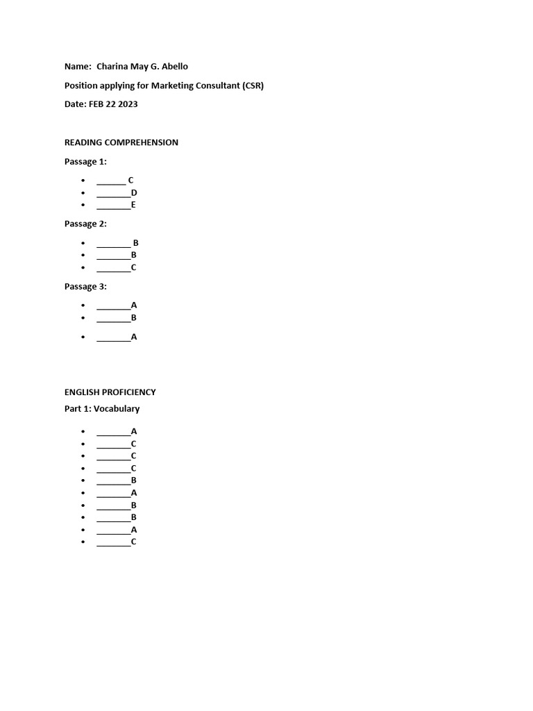 Answer Sheet - Objective Exam | PDF