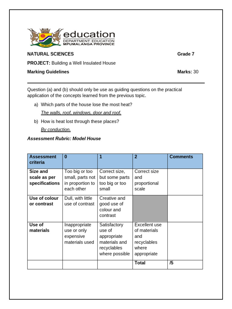 Grade 7 Project Marking Guidelines Building A Well Insulated House ...