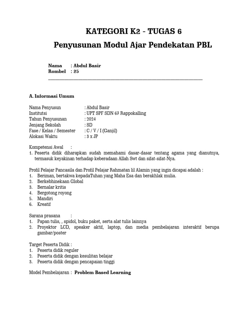 Abdul Basir Tugas 6 - Penyusunan Modul Ajar PBL | PDF