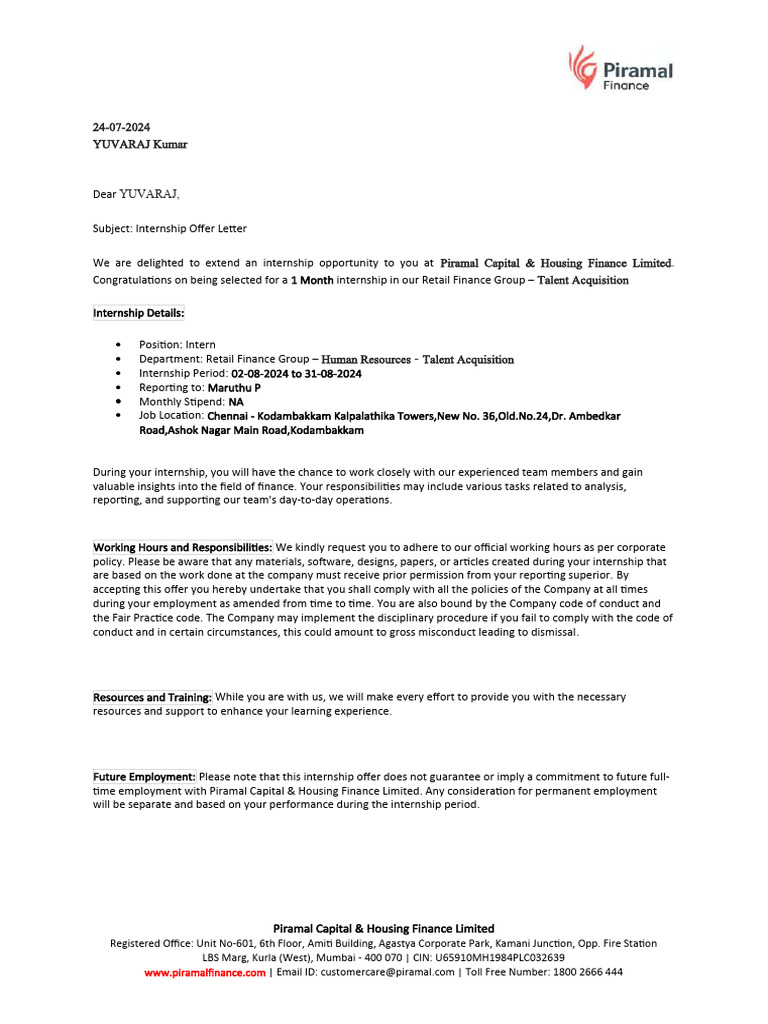 Internship Offer at Piramal Finance | PDF | Internship | Job Hunting