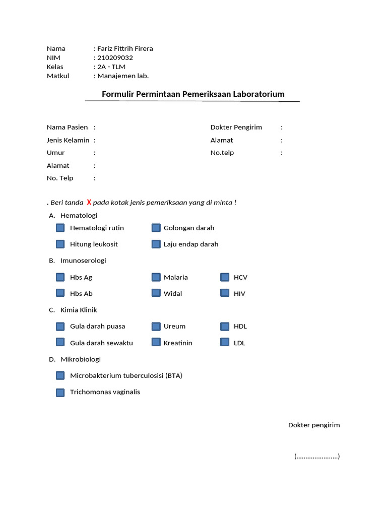 Formulir Permintaan Pemeriksaan Laboratorium | PDF