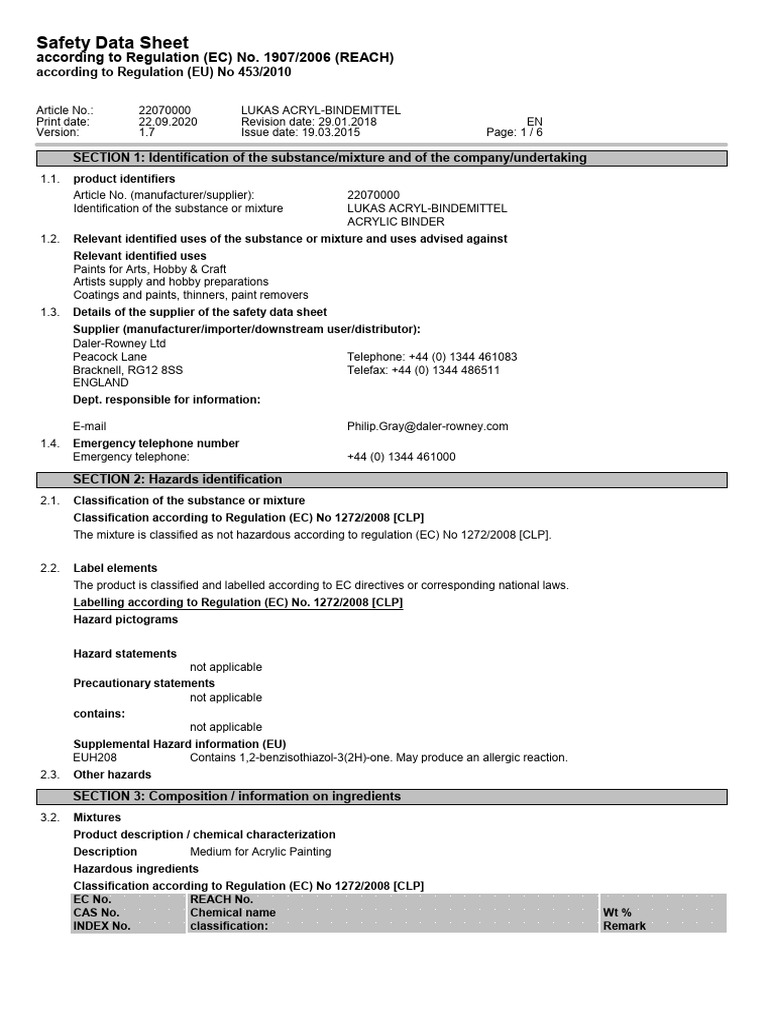 Lukas Acrylic Binder Safety Data Sheet en For Msds | PDF
