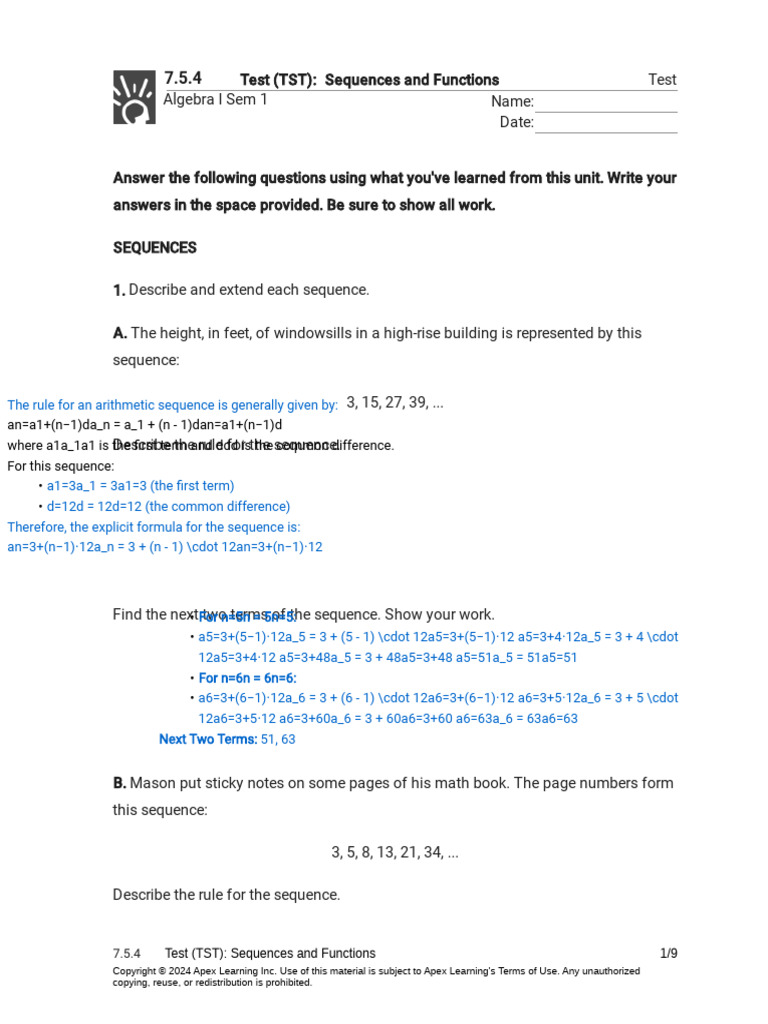 7.5.4 Test (TST) - Sequences and Functions (Test) | PDF