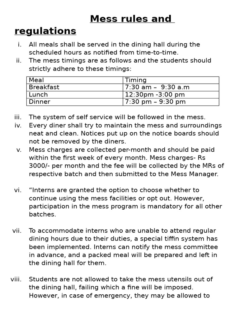 Mess Rules and Regulations | PDF