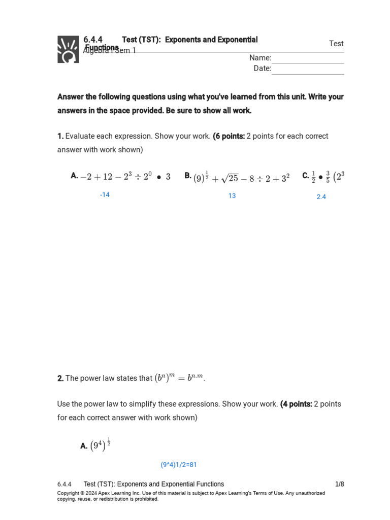 6.4.4 Test (TST) - Exponents and Exponential Functions (Test) | PDF