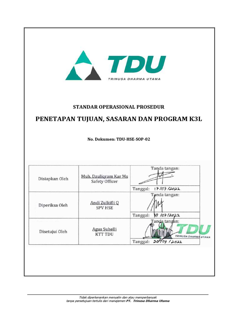 TDU-HSE-SOP-02 Penetapan Tujuan, Sasaran Dan Program K3L | PDF