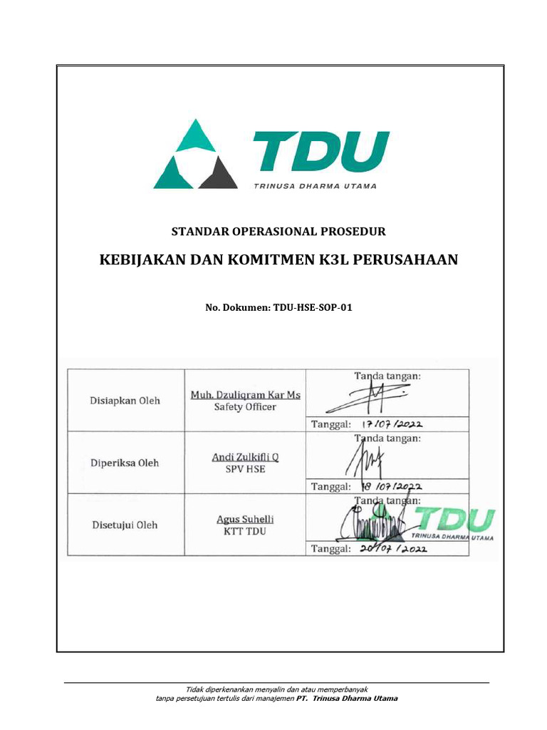 TDU-HSE-SOP-01 Kebijakan Dan Komitmen K3L Perusahaan | PDF