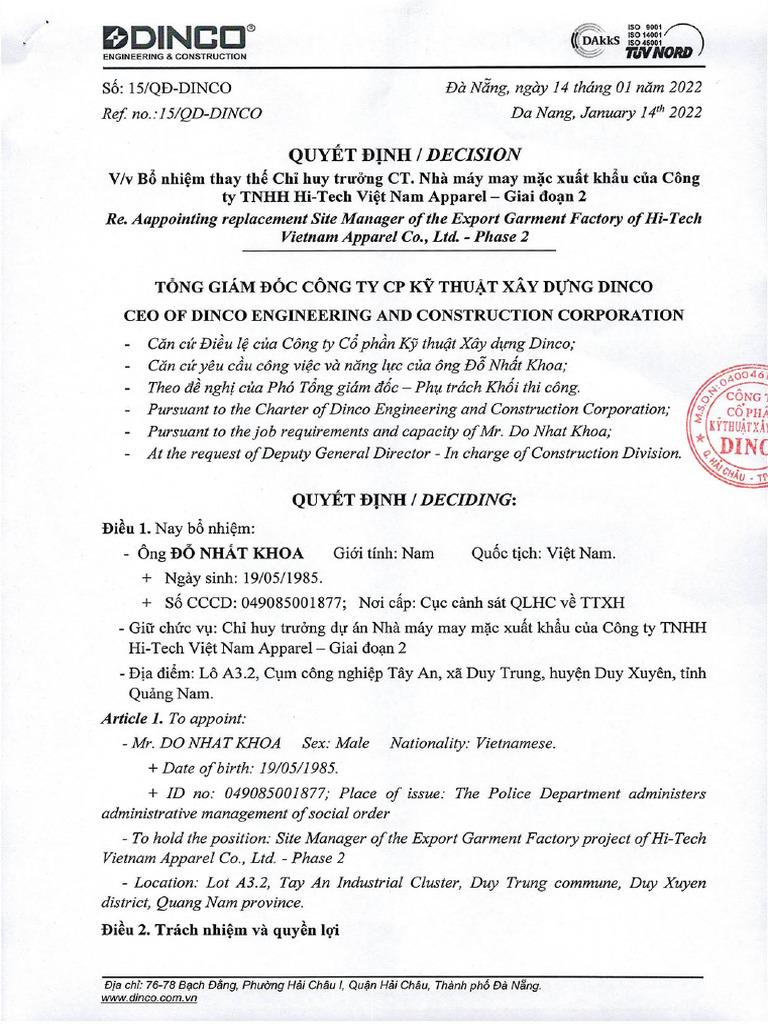 QĐ TT Dinco - May Mặc Xuất Khẩu Hi-Tech | PDF