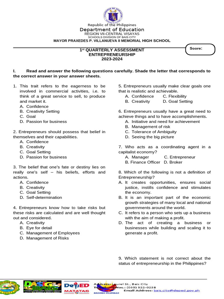 ENTREP 1st QUARTER 2023 2024 | PDF | Entrepreneurship | Marketing