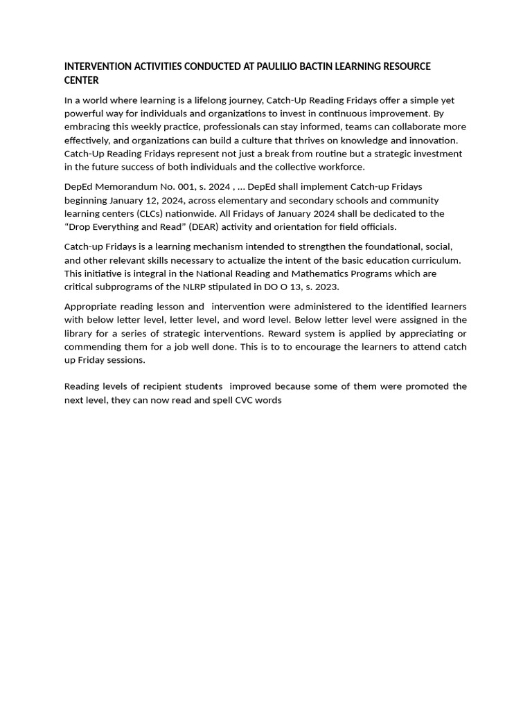 Intervention Activities Conducted at Paulilio Bactin Learning Resource ...