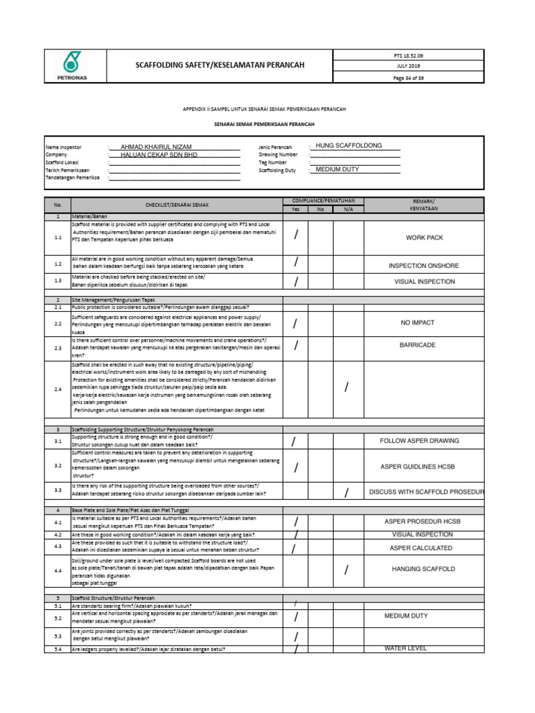 Scaffolding Checklist PTS 18.52.09 DwiBahasa | PDF