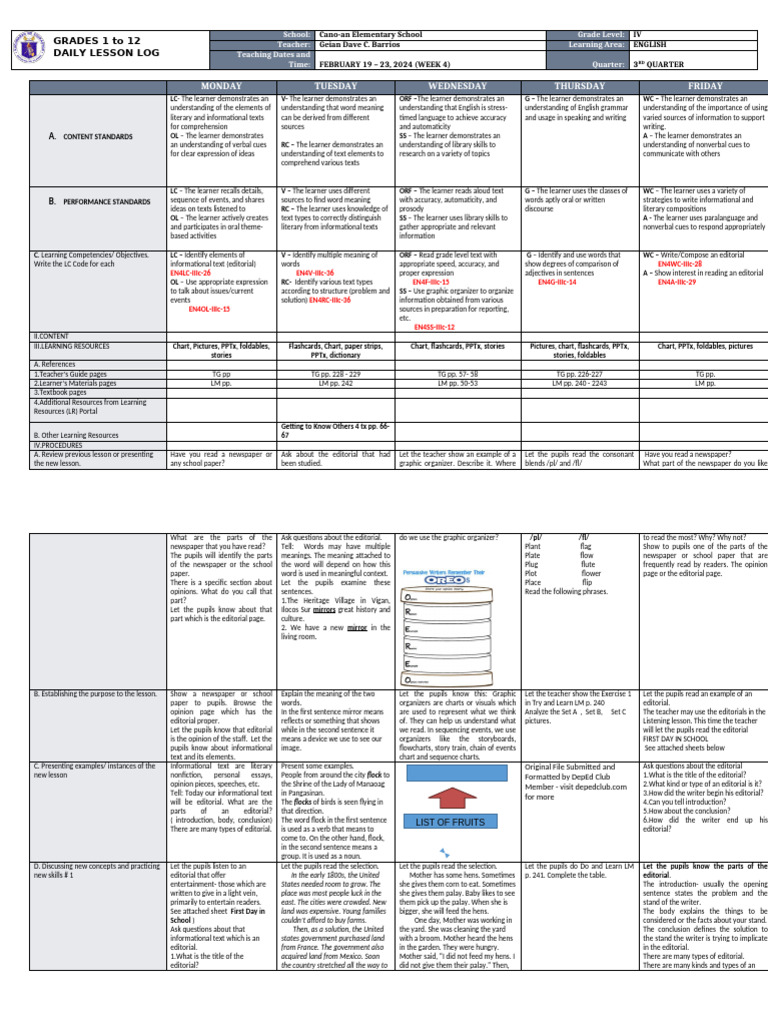 DLL - English 4 - Q3 - W4 | PDF | Learning | Reading Comprehension