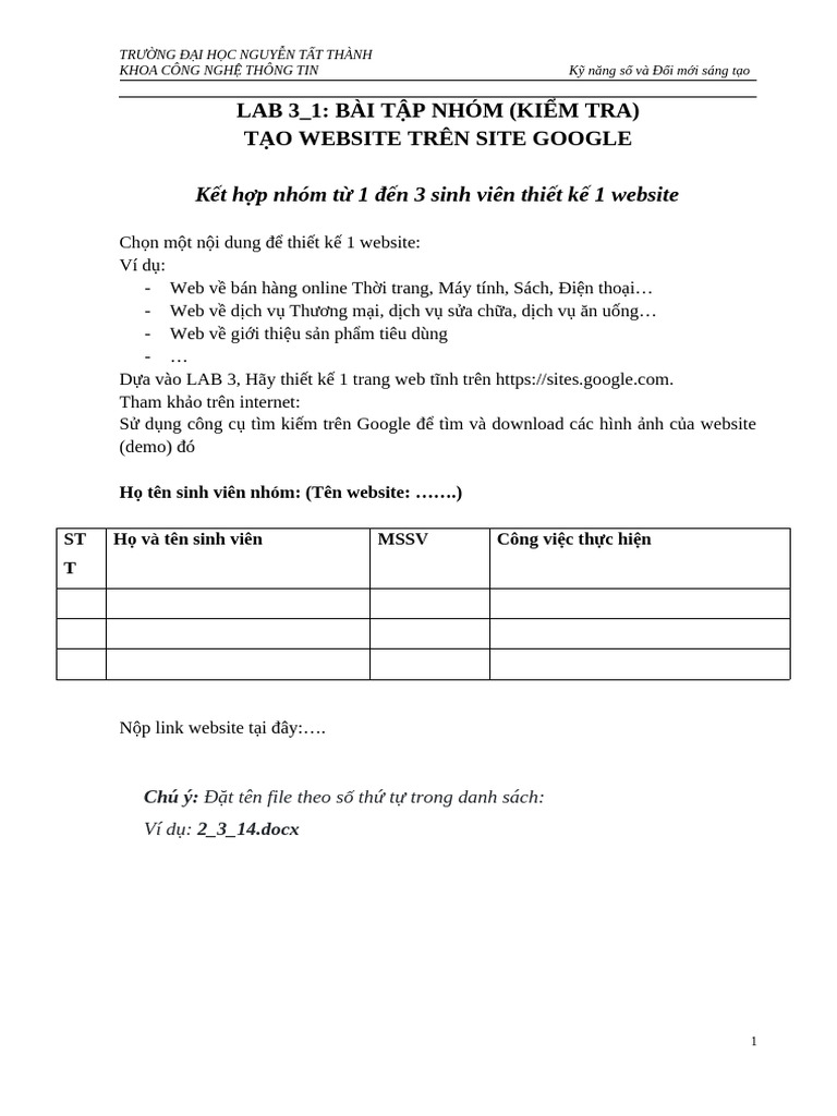 Lab 3-1 Bài tập kiểm tra tạo website trên GoogleSite (nhóm) | PDF