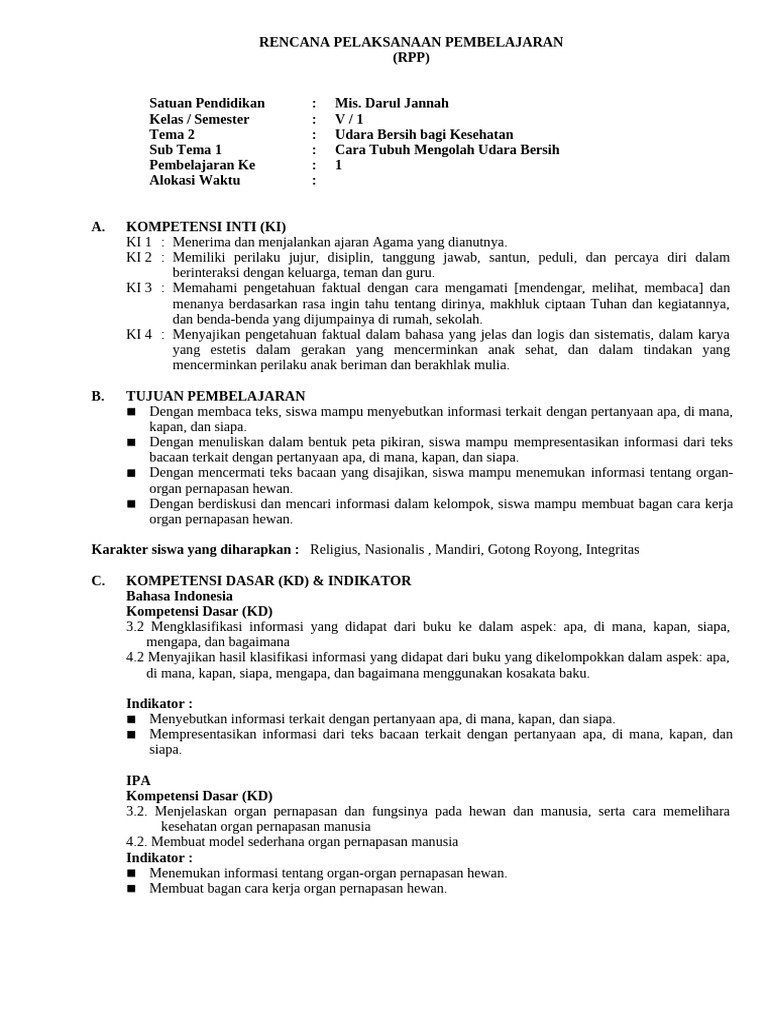 RPP KELAS 5 TEMA 2 Semester 1 | PDF